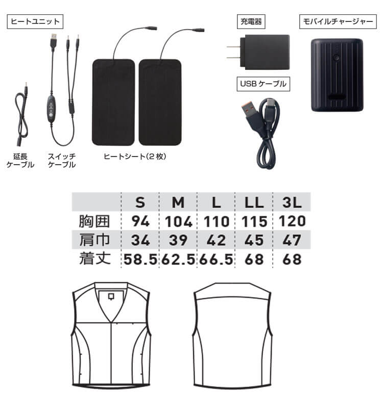 防寒着 桑和 SOWA ヒートベストコンプリートセット 17019 電熱ウェア インナーベスト｜作業服・作業着の総合通販専門店【ミチオショップ】