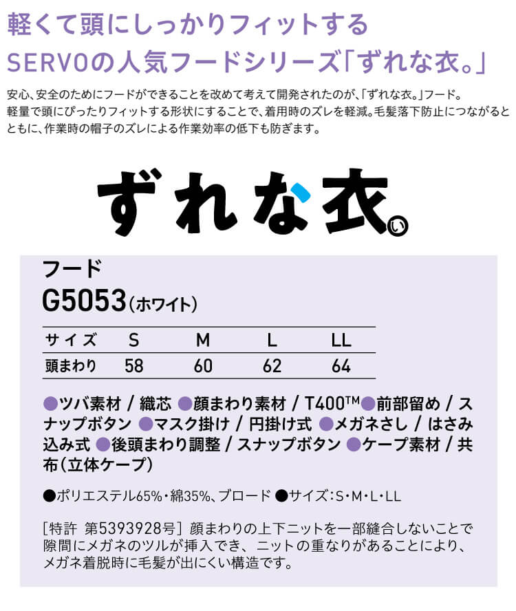 メガネさし対応衛生帽子 フード G5053 サーヴォ SERVO フードファクトリー｜作業服・作業着の総合通販専門店【ミチオショップ】